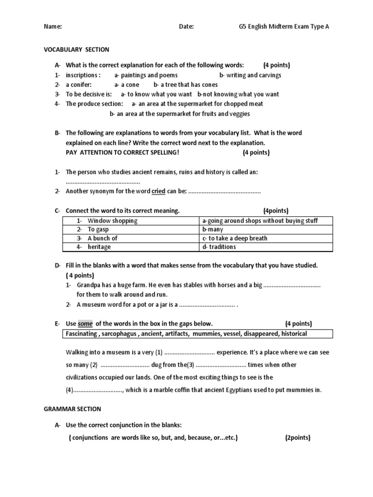 Grade 5 Midterm Exam Type A Miss Dalia | PDF | Verb | Linguistic Morphology