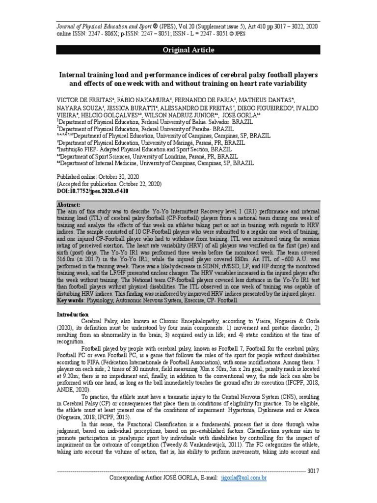 Internal Training Load and Performance Indices of Cerebral Palsy ...