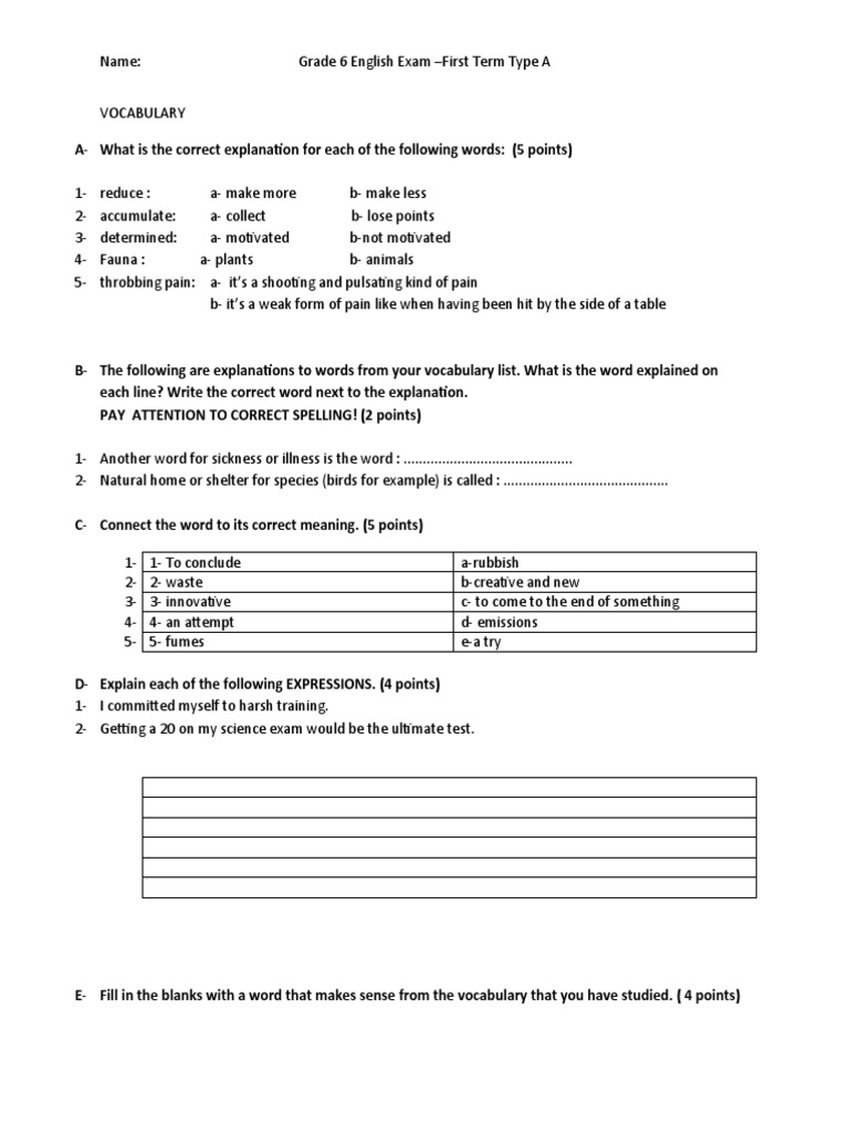 Grade 6 Eng Exam Type A 1st Term 2021 | PDF | English Language ...