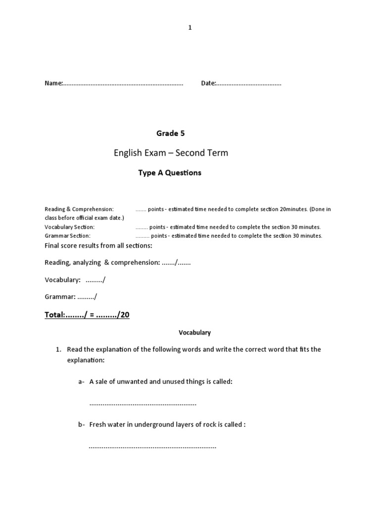 Grade 5 English Exam Overview | PDF | Perfect (Grammar) | Syntax