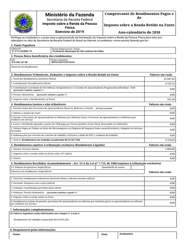 Relatório - Comprovante de Rendimentos | Download grátis PDF | Imposto de Renda | Impostos