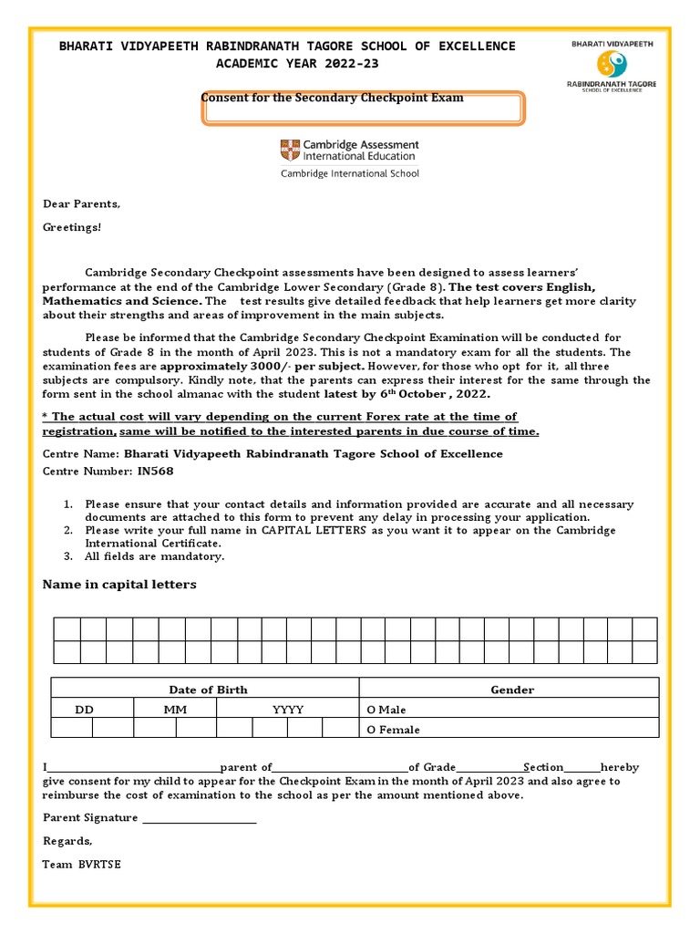 Consent for Cambridge Checkpoint Exam | PDF
