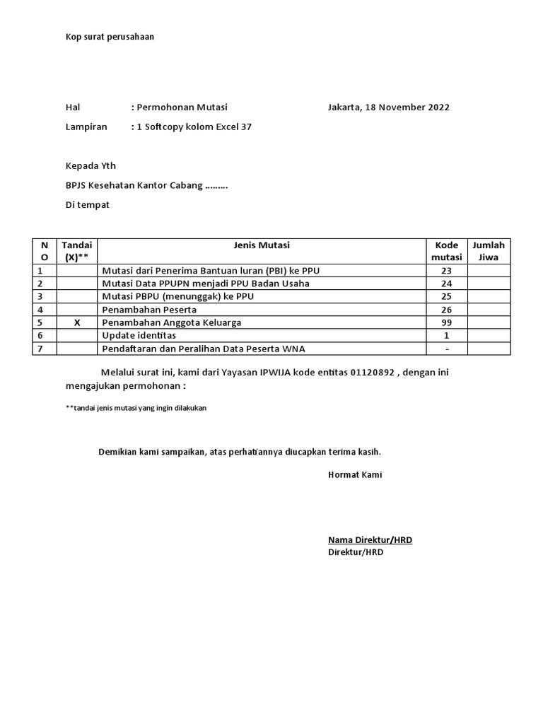 Format Surat Permohonan Bpjs Kes | PDF