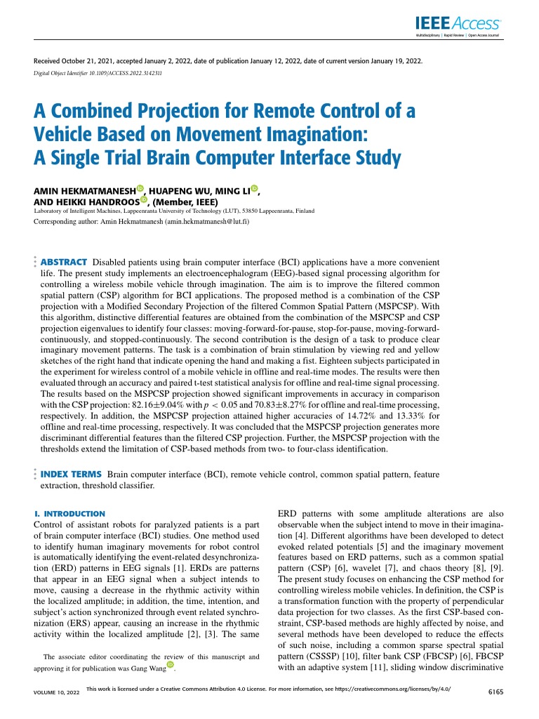 A Combined Projection For Remote Control of A Vehicle Based On Movement Imagination A Single ...
