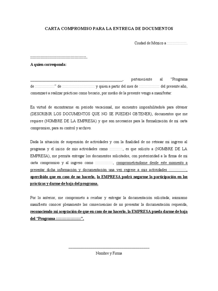 Carta Compromiso para La Entrega de Documentos | PDF