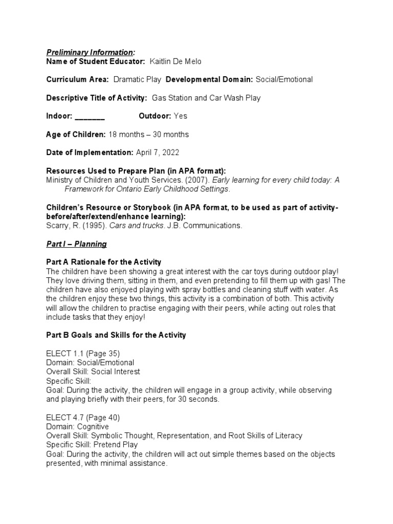 Dramatic Play Activity | PDF | Senses | Learning