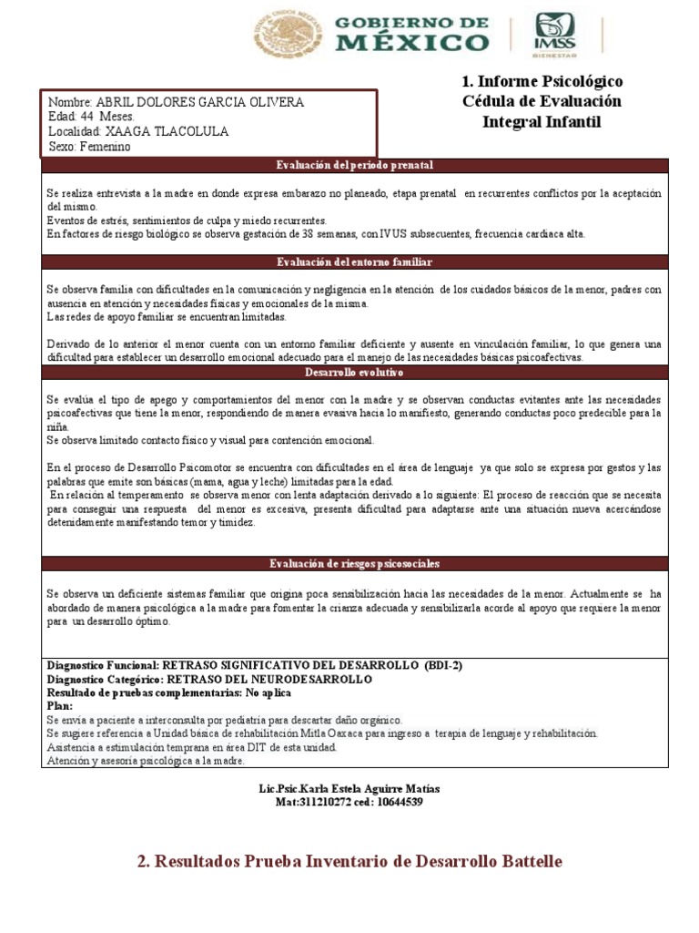 Machote Informe Battelle | PDF | Las emociones | Teoría de apego