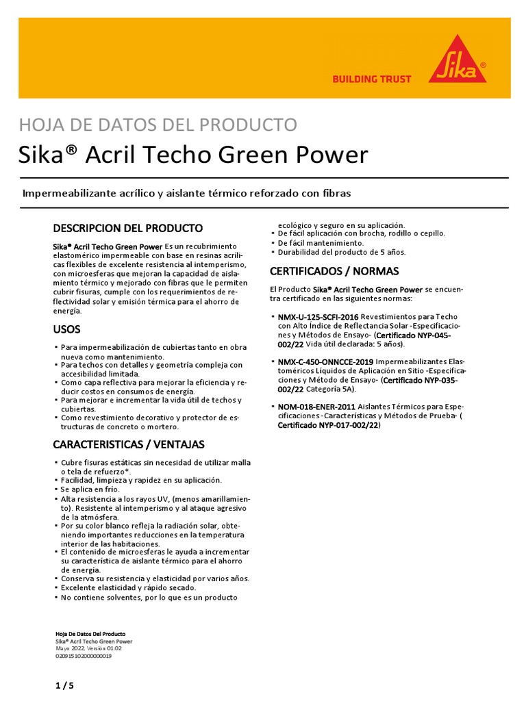 Sika Acril Techogreenpower | PDF | Hormigón | Aislamiento térmico