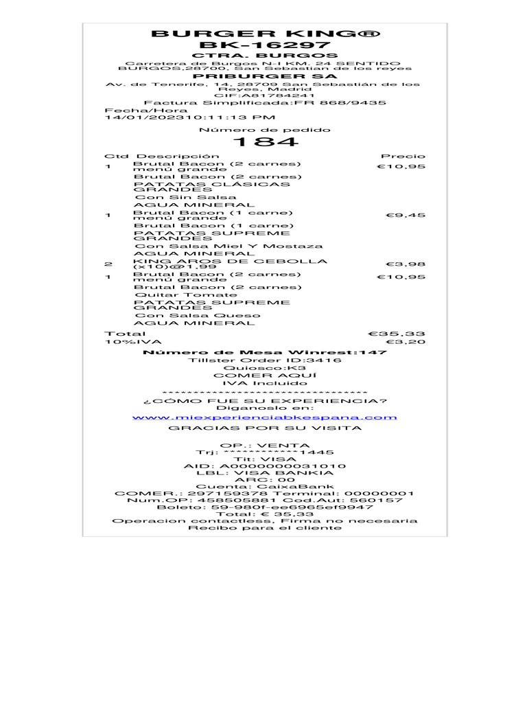Burger+King Ticket N 184 221127 | PDF