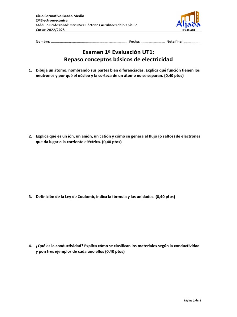 CEA - UD1 - Examen - Imprimir | PDF | Resistencia Eléctrica y Conductancia | Corriente eléctrica