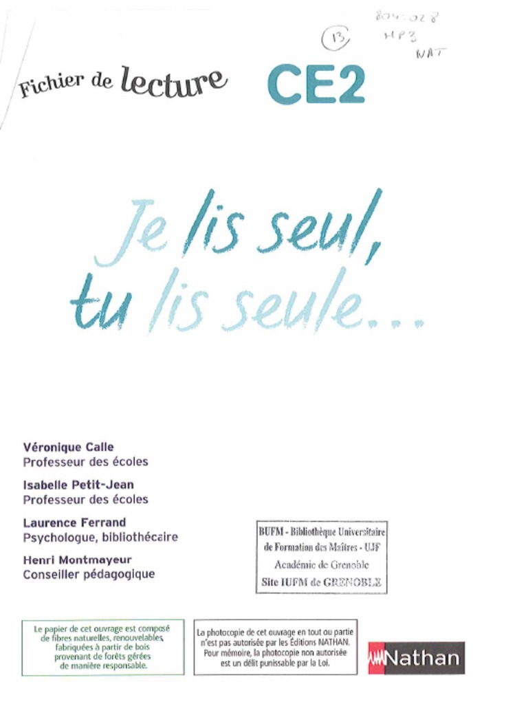 Je Lis Seul, Tu Lis Seul CE2 | PDF