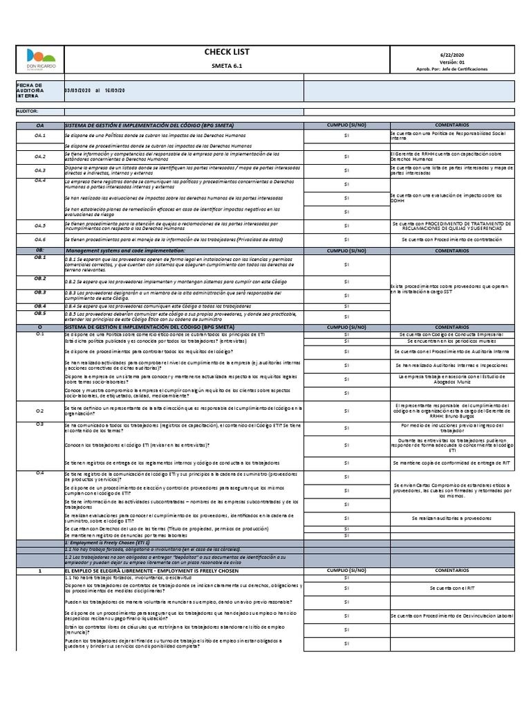 Check List AUDITORIA INTERNA SMETA | PDF