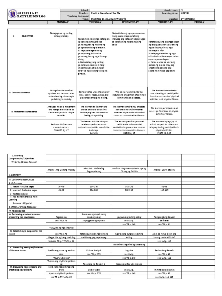 DLL - Mapeh 4 - Q2 - W9 | PDF