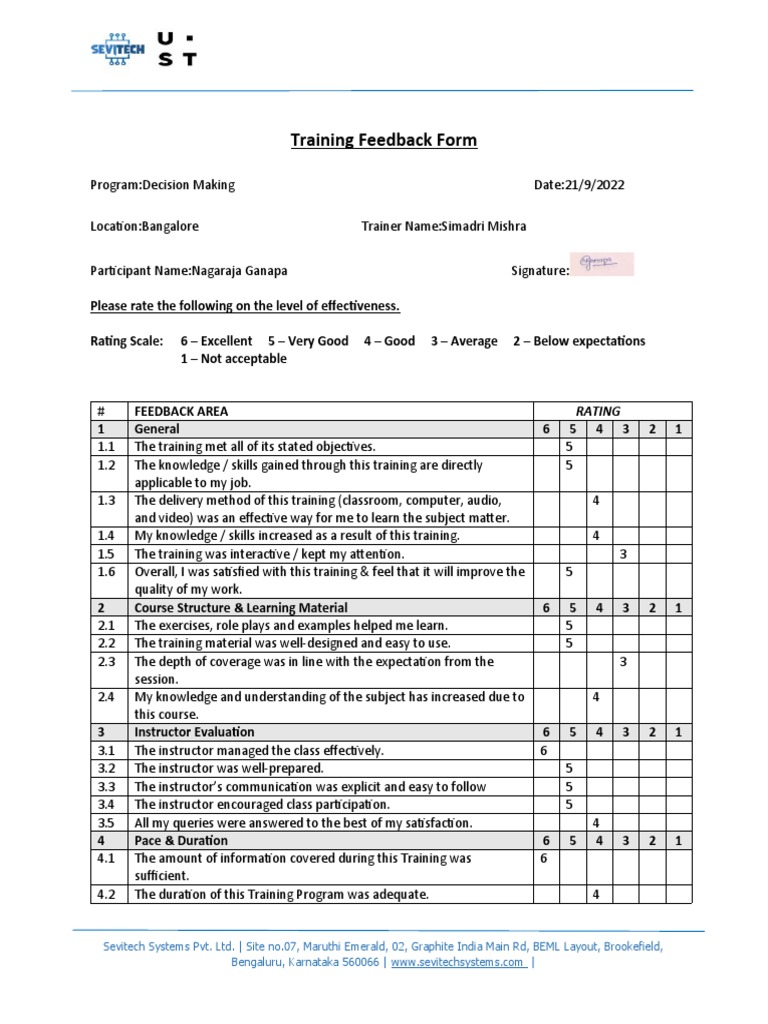 Training Feedback Form | Download Free PDF | Course Evaluation | Cognition