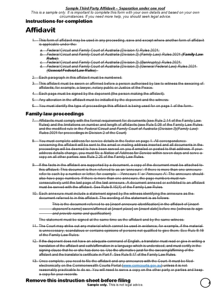 Sample Third Party Affidavit - Separation Under One Roof | PDF