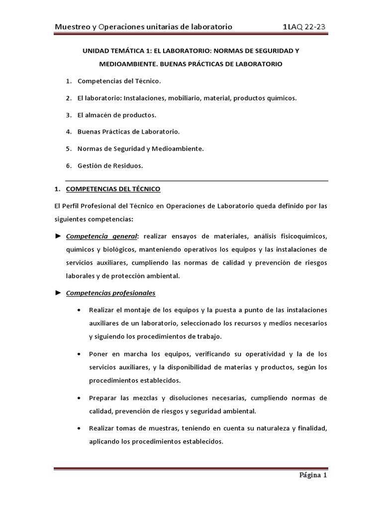 UT.1 - El Laboratorio. Normas de Seguridad y Medio Ambientales. Buenas Prácticas de Laboratorio ...