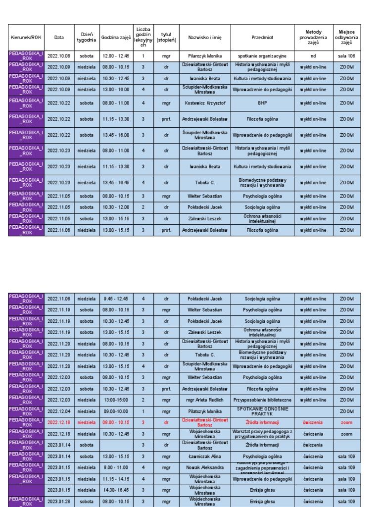 Kopia Plan Zajęć Pedagogika - I - Rok | PDF