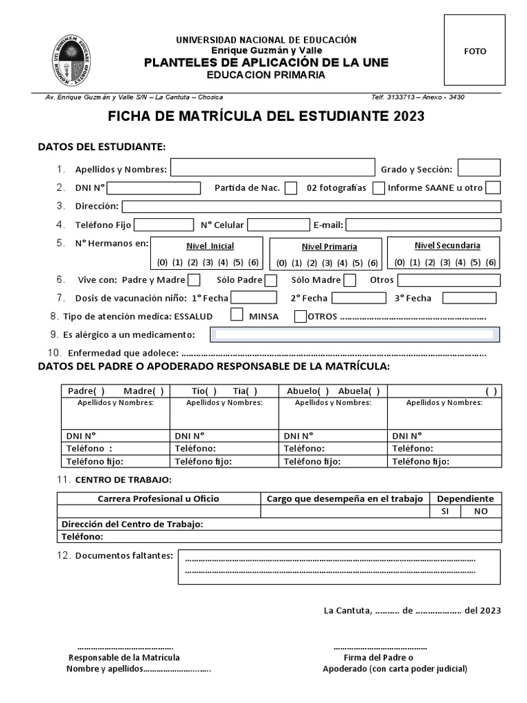 Ficha de Matrícula Primaria 2023 | PDF