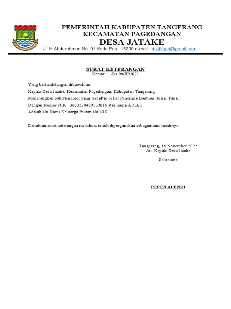 Surat Keterangan Beda Nik | PDF