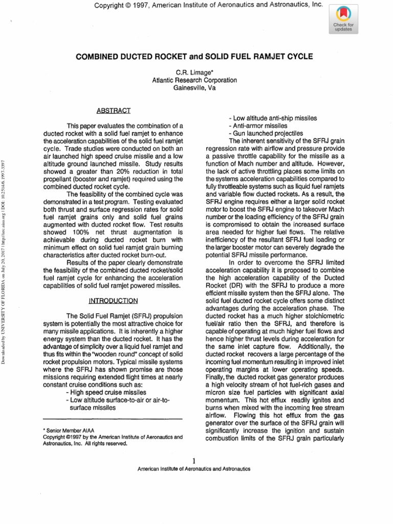 Combined Ducted Rocket and Solid Fuel Ramjet Cycle | PDF | Rocket ...