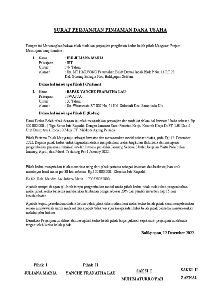 Surat Perjanjian Pinjaman Dana Usaha | PDF