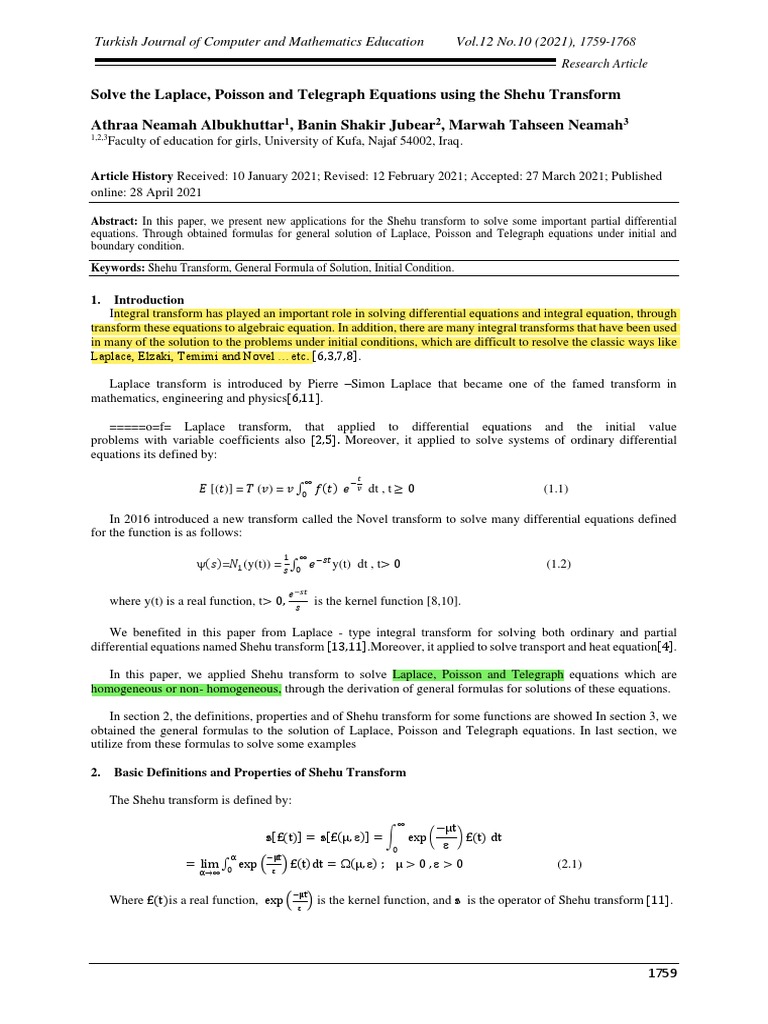 Shehu Transform | PDF | Equations | Laplace Transform