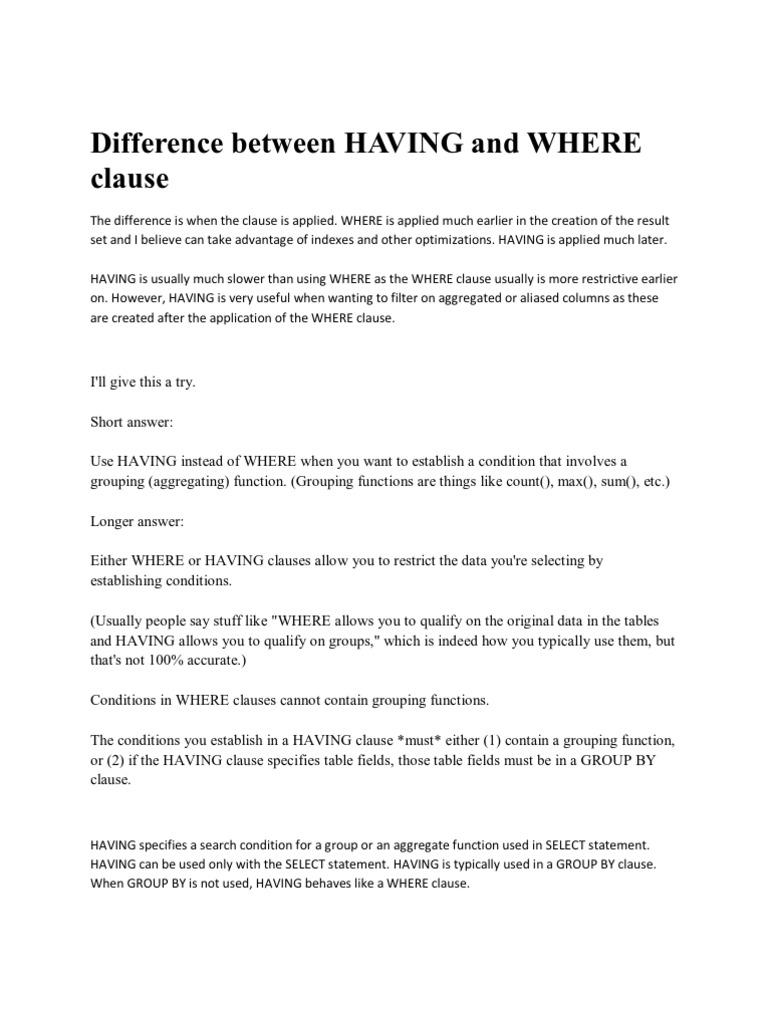 Difference Between HAVING and WHERE Clause | PDF