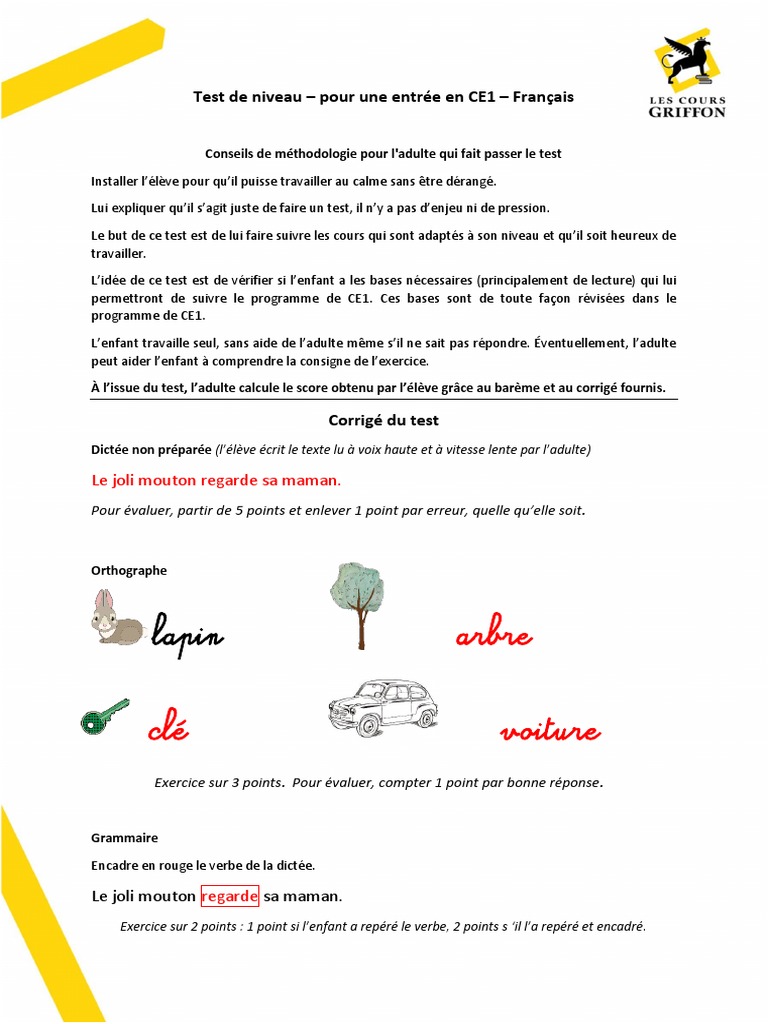 Test de niveau français pour CE1 | PDF