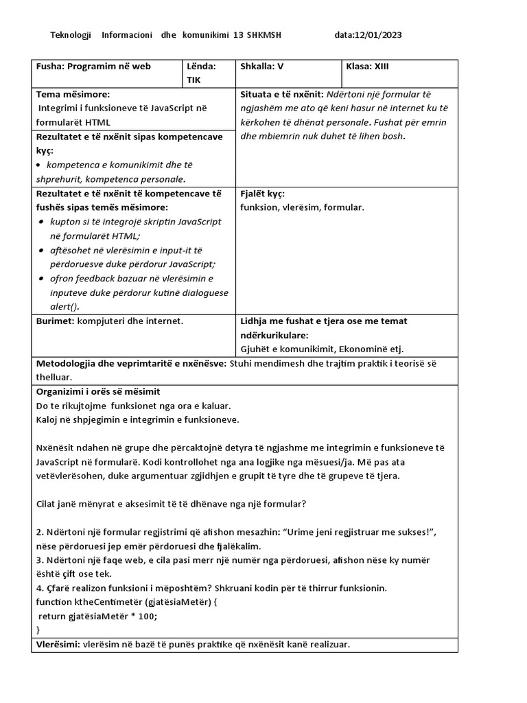 Integrimi I Funksioneve Të JavaScript Në Formularët HTML 13 | PDF