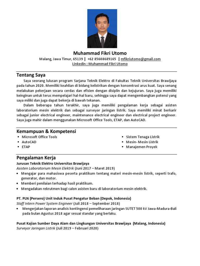 CV - M. Fikri Utomo - Lamaran PT. Gunung Madu Plantations | PDF