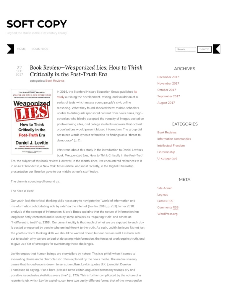 Book Review Weaponized Lies How To Think in The Post Truth Era | PDF ...
