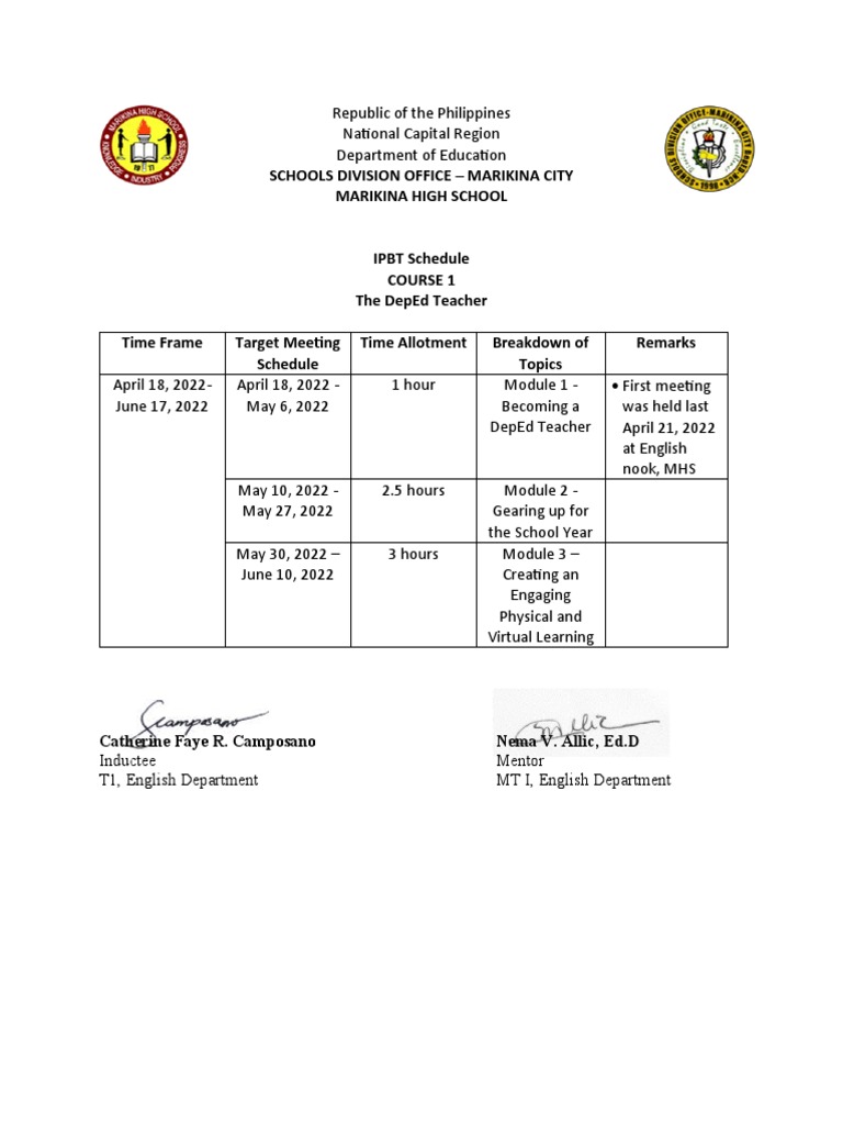 IPBT Course 1 Sched 1 | PDF