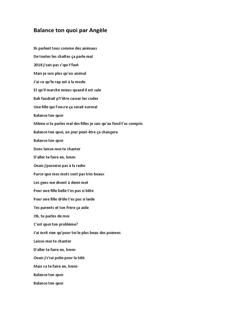 Paroles de "Balance ton quoi" d'Angèle | PDF