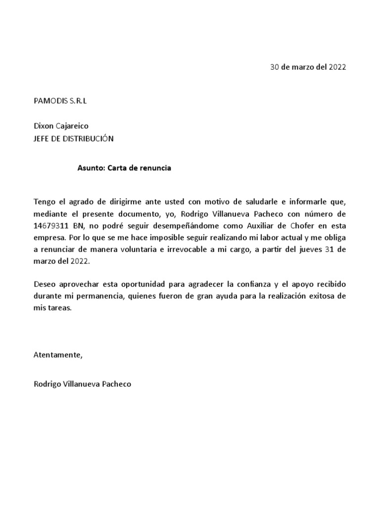 27 Modelo de Carta de Renuncia Laboral | PDF