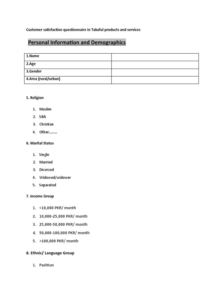Customer Satisfaction Questionnaire in Takaful Products and Services ...