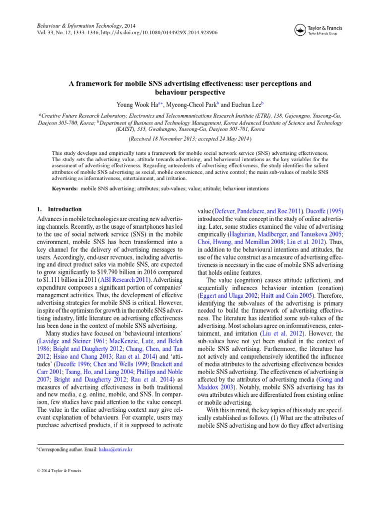 A Framework For Mobile SNS Advertising Effectiveness User Perceptions and IMPRESO | PDF | Social ...