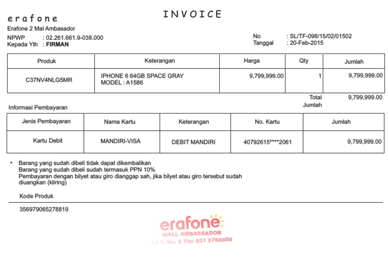 Nota Pembelian iPhone di Erafone | PDF