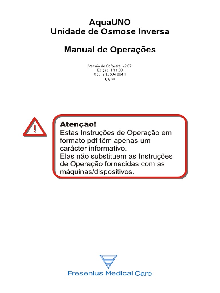 AquaUNO Unidade de Osmose Inversa. Manual de Operações | PDF | Osmose AquaUNO Unidade de Osmose Inversa. Manual de Operações | PDF | Osmose