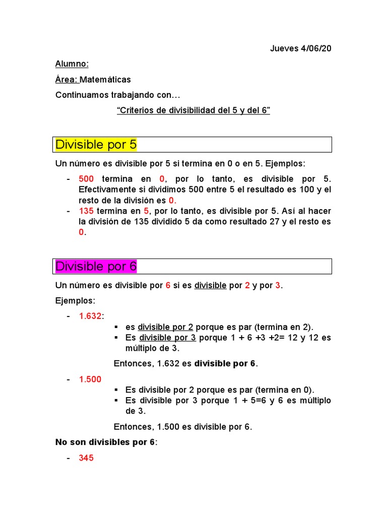 Divisible Por 5: No Son Divisibles Por 6 | PDF | División (Matemáticas ...