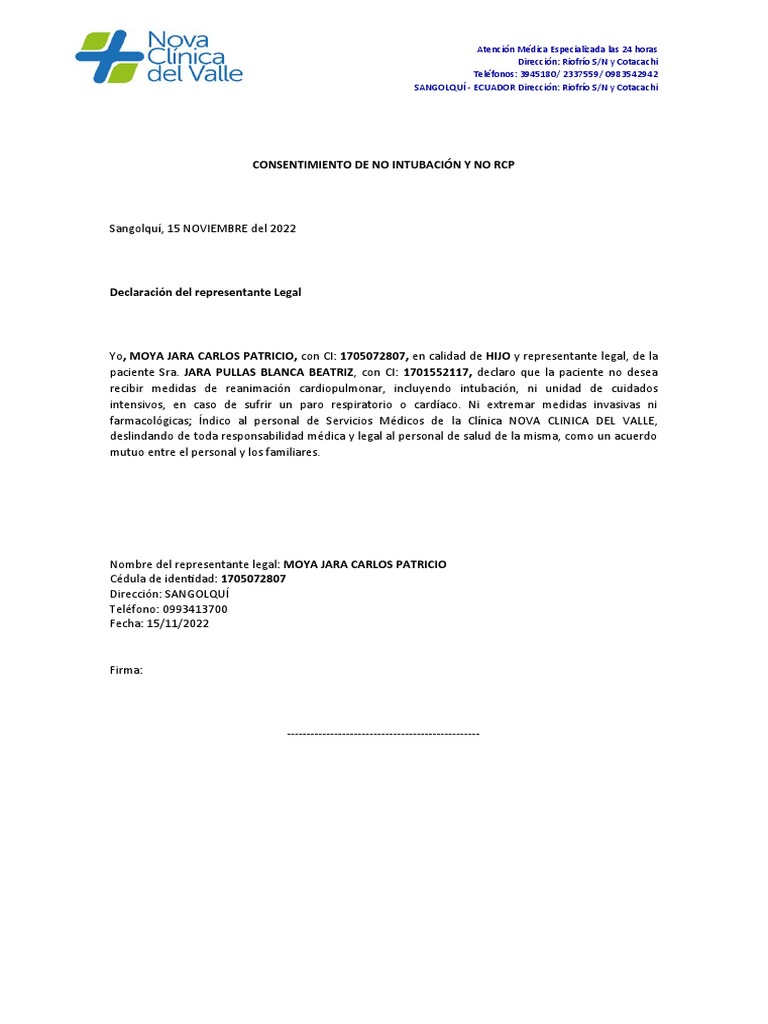 Consentimiento de No RCP Jara Blanca | PDF