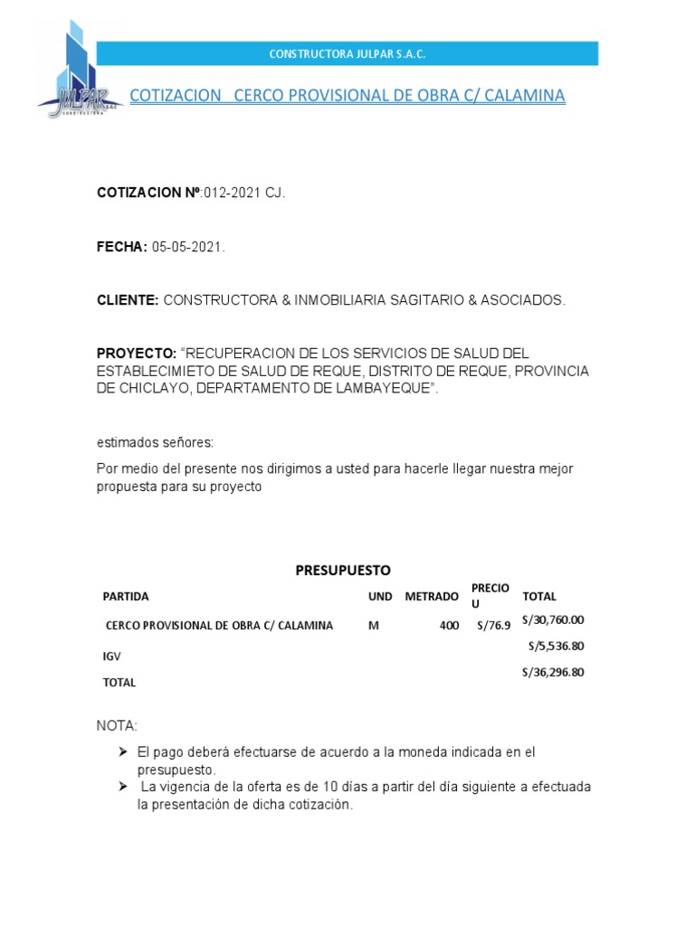 Cotización para la construcción de un cerco provisional de obra con ...