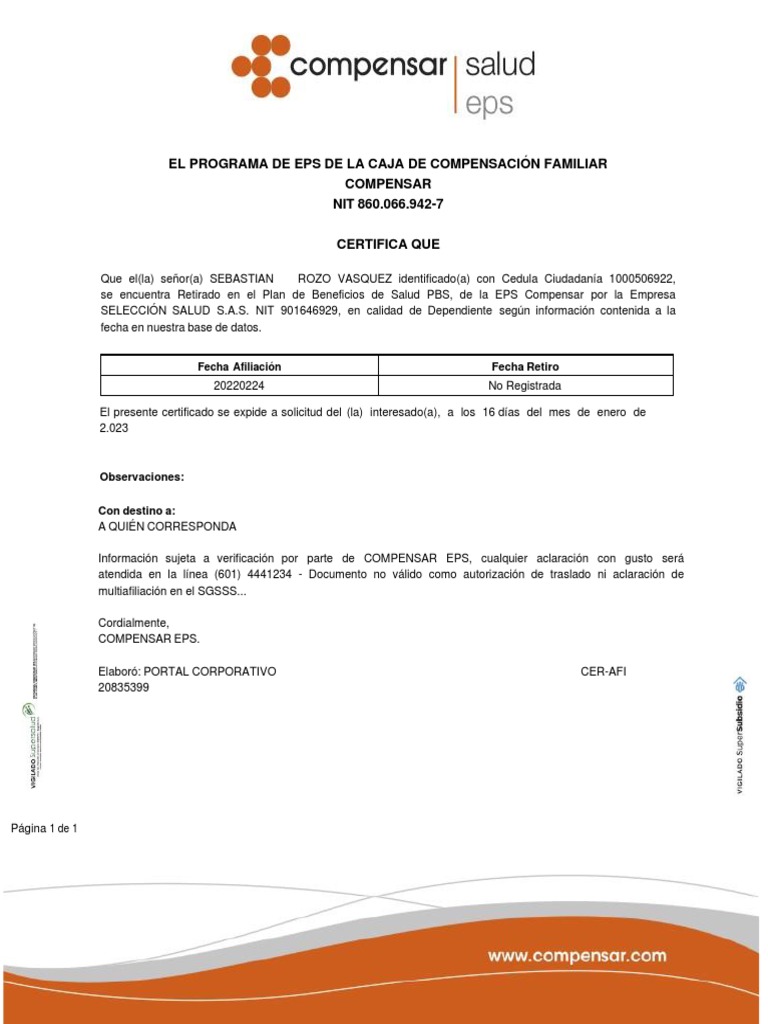 Certificacion Eps Compensar | PDF