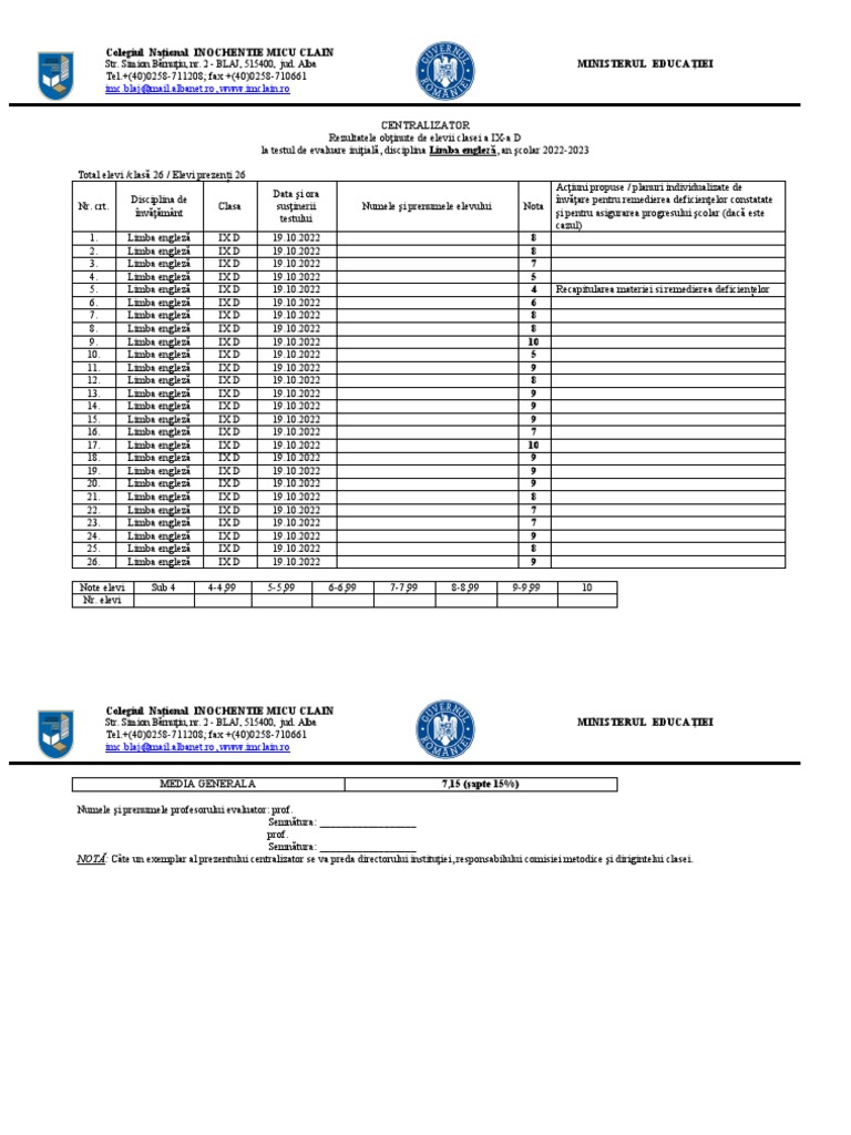 CENTRALIZATOR Test Initial 2022-2023 - Scribd | PDF