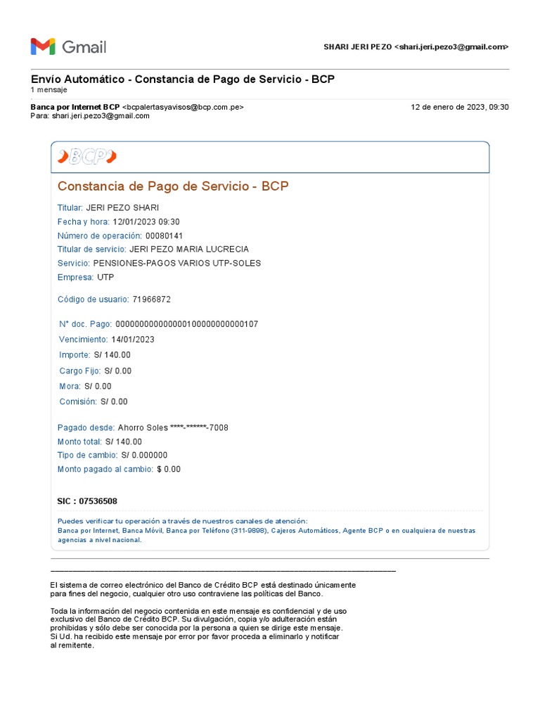 Constancia de Pago de Servicio - BCP | PDF