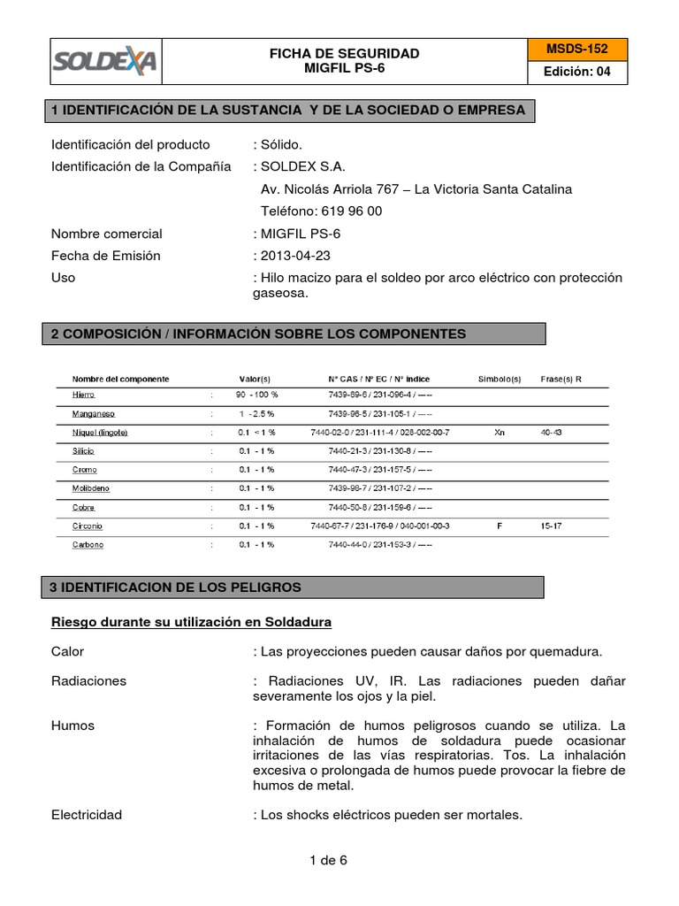 MSDS 152 MIGFIL PS6 Ed.04 | PDF