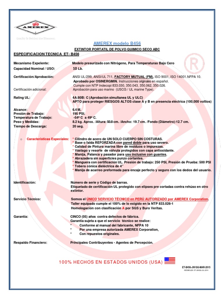 ficha-tecnica-AMEREX-extintor-UL-4A-80B-C-polvo-quimico-seco-ABC-modelo-B456-10-libras | PDF