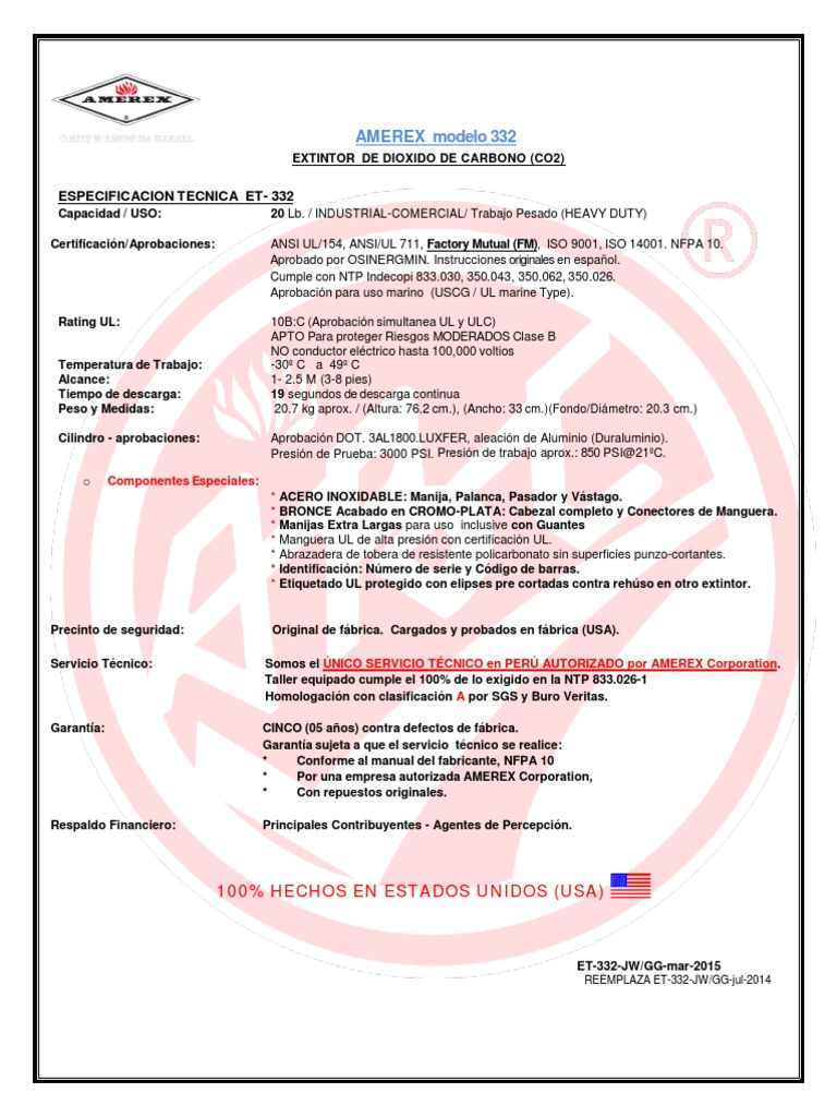 Ficha Tecnica AMEREX Extintor UL 10B C de Dioxido de Carbono 20 Libras ...