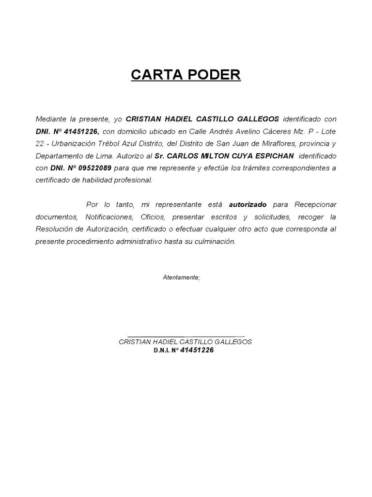 CARTA PODER - Certificado de Habilidad Profesional | PDF