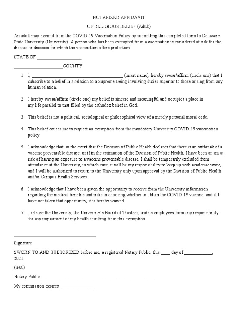 Affidavit - Religious Exemption - Adult | PDF | Notary Public | Public ...