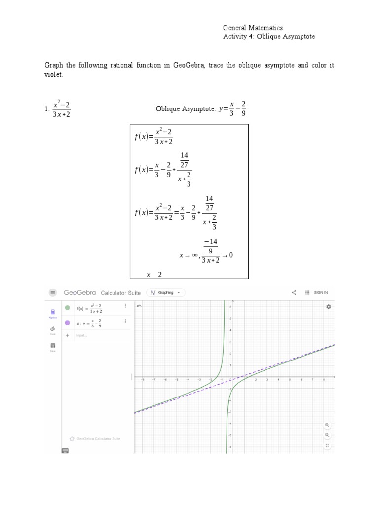 Gen Math Activity 4 Oblique Asymptote Pdf Mathematical Analysis